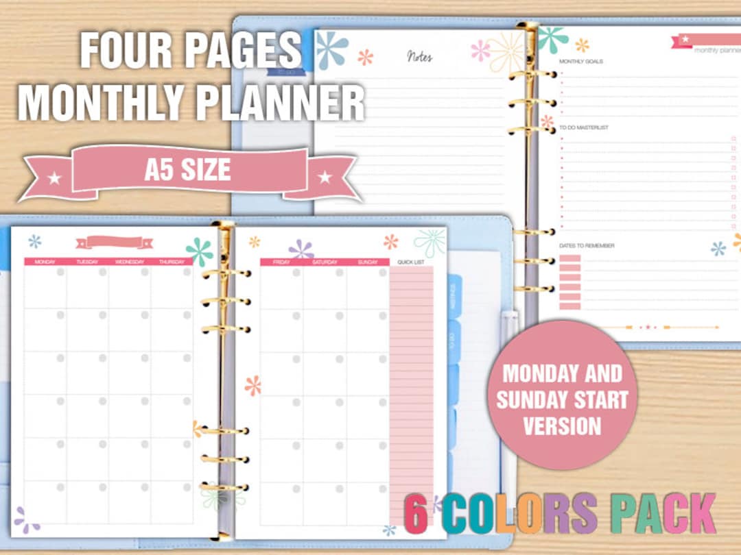 Monthly Planner A5 Size Printable Monthly Calendar Undated to Do List ...
