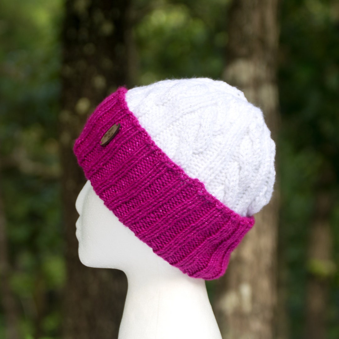 Satin Lined Beanie in Fuchsia Pink and White Sparkles - Loose Fitting ...