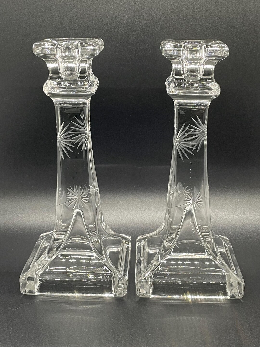 Vintage Indiana Glass Company Pair of Clear Etched Glass Candlesticks ...
