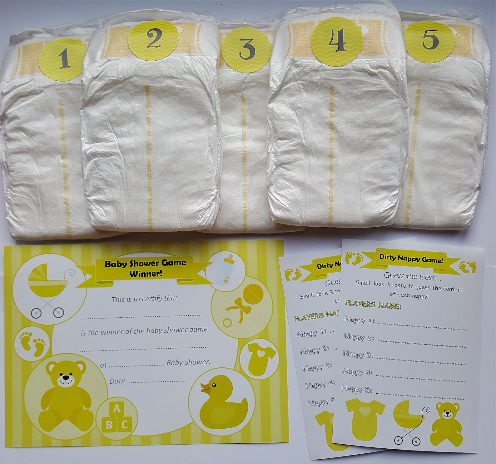Nappy Baby Shower Game - What's in the Nappy? Pink / Blue / Yellow ...