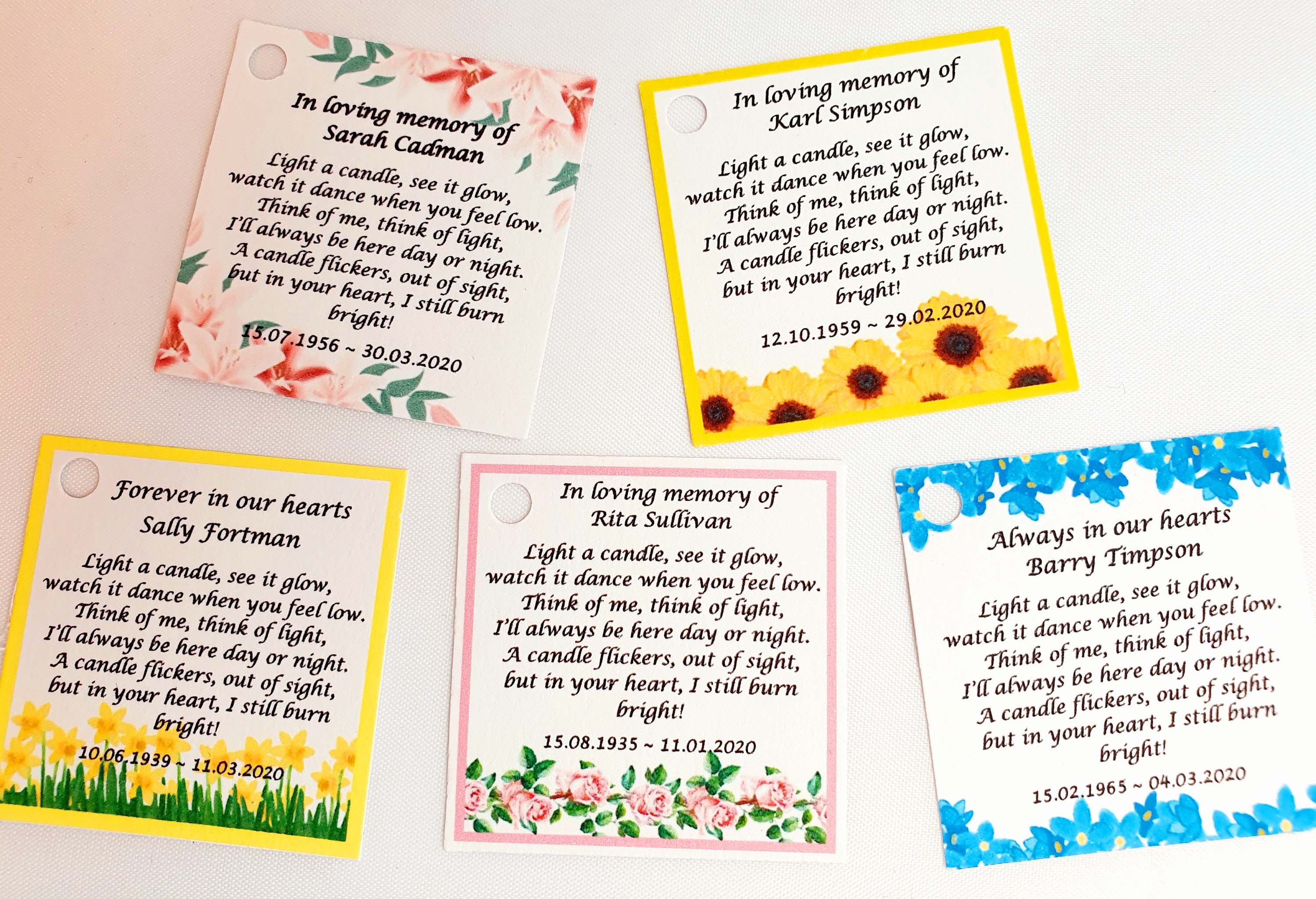 Personalised candle favour memorial / funeral labels / tags | Etsy