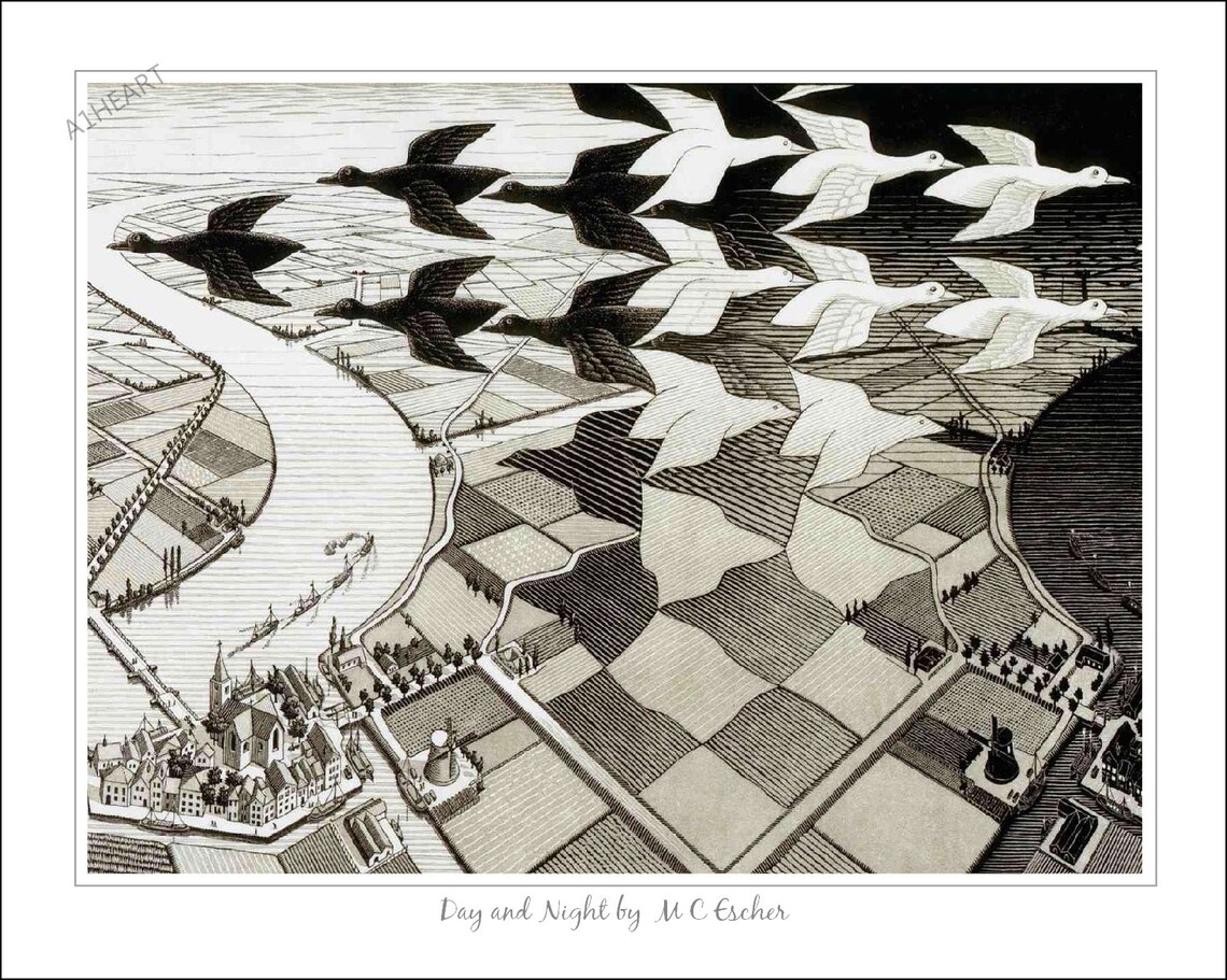 Day and Night by M.C. Escher Poster Print. Birds Over Village and River ...