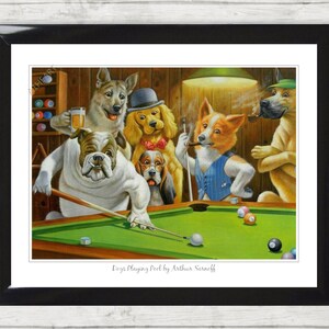 Dogs Playing Pool Snooker Poster Art. Fox With Billiard Cue Hole in One ...