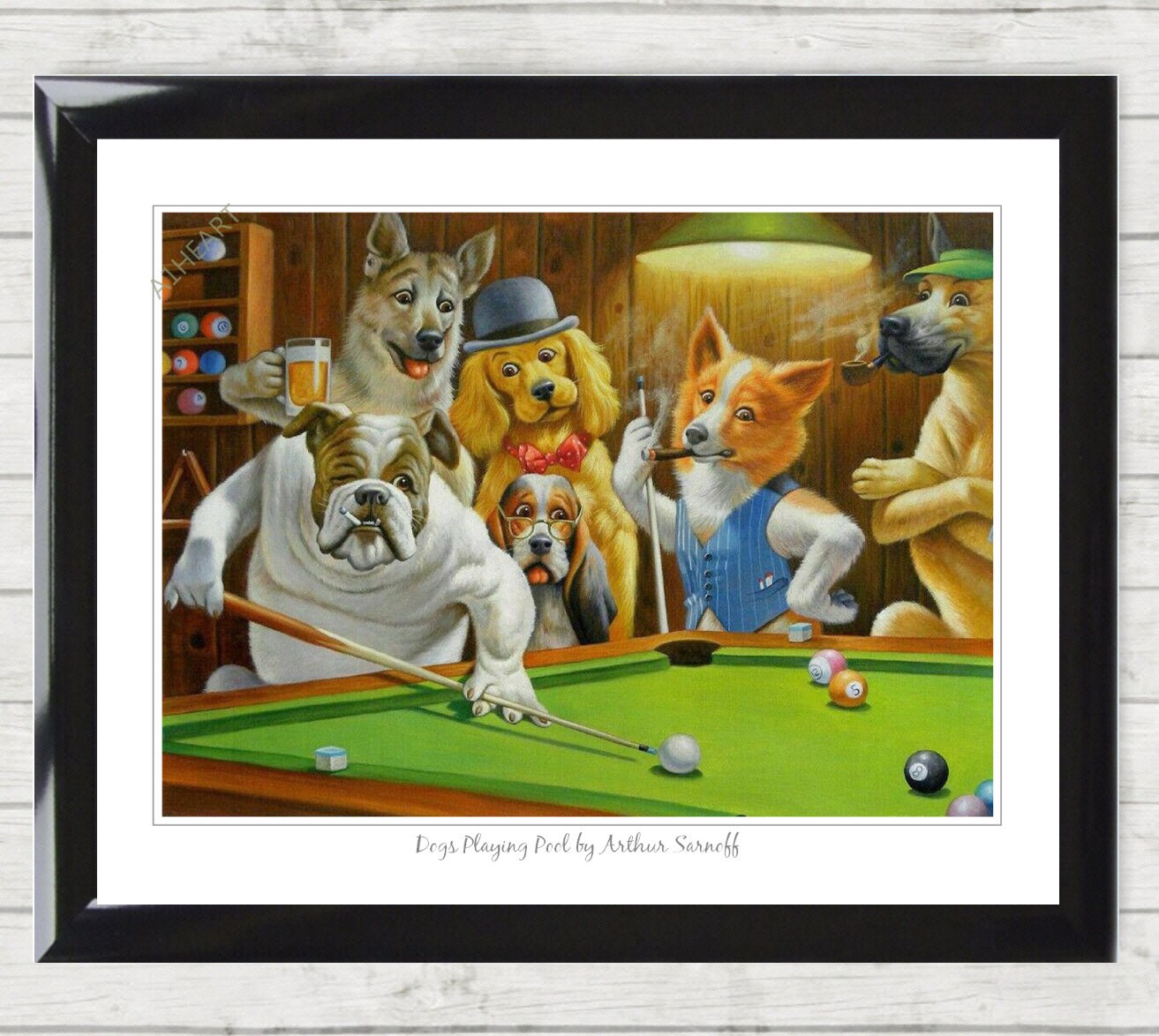 Dogs Playing Pool Snooker Poster Art. Fox With Billiard Cue Hole in One ...