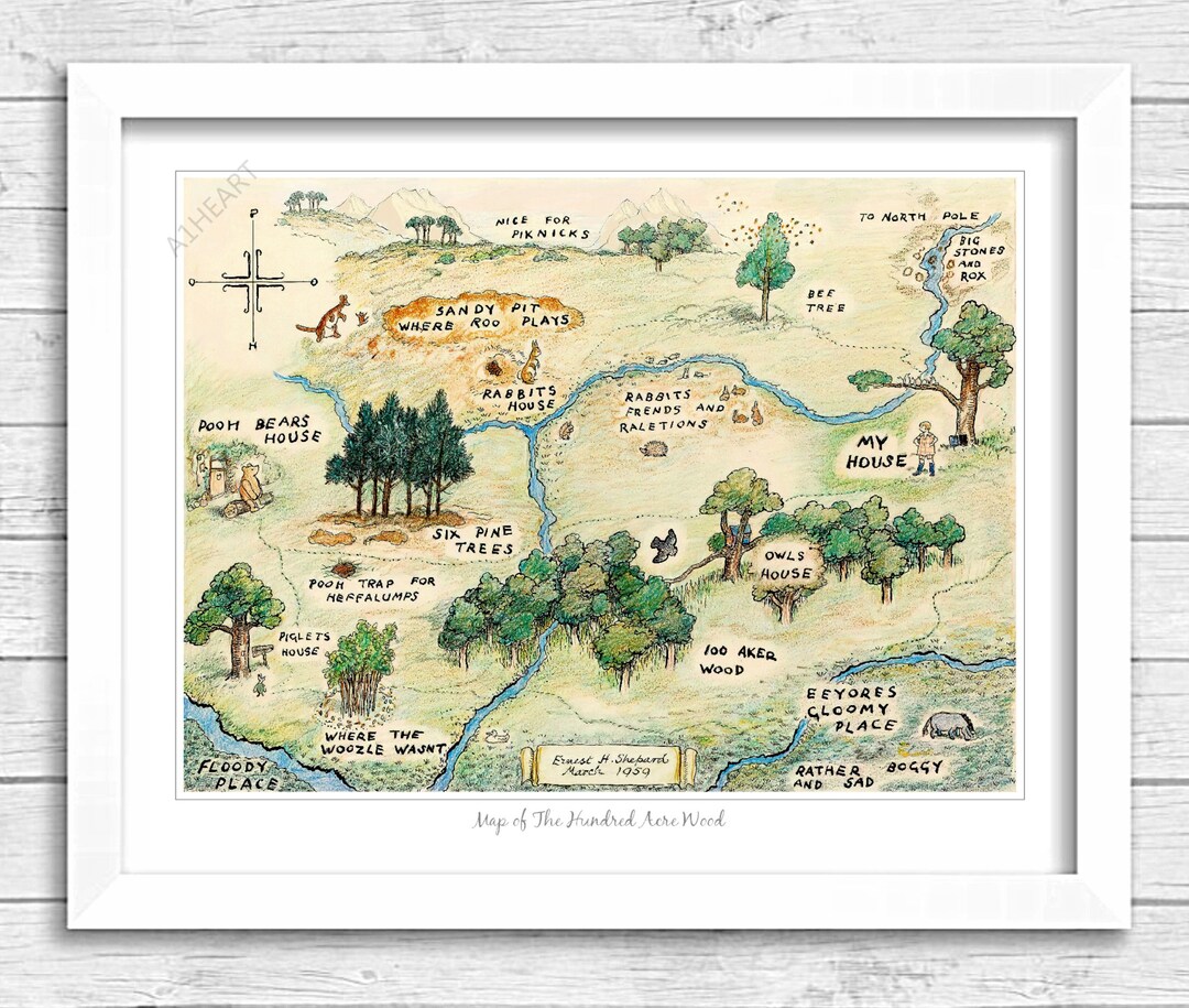 Winnie the Pooh and Piglet Print Poster. Map of the Hundred Acre Wood ...