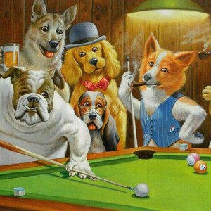 Dogs Playing Pool Snooker Poster Art. Fox With Billiard Cue Hole in One ...