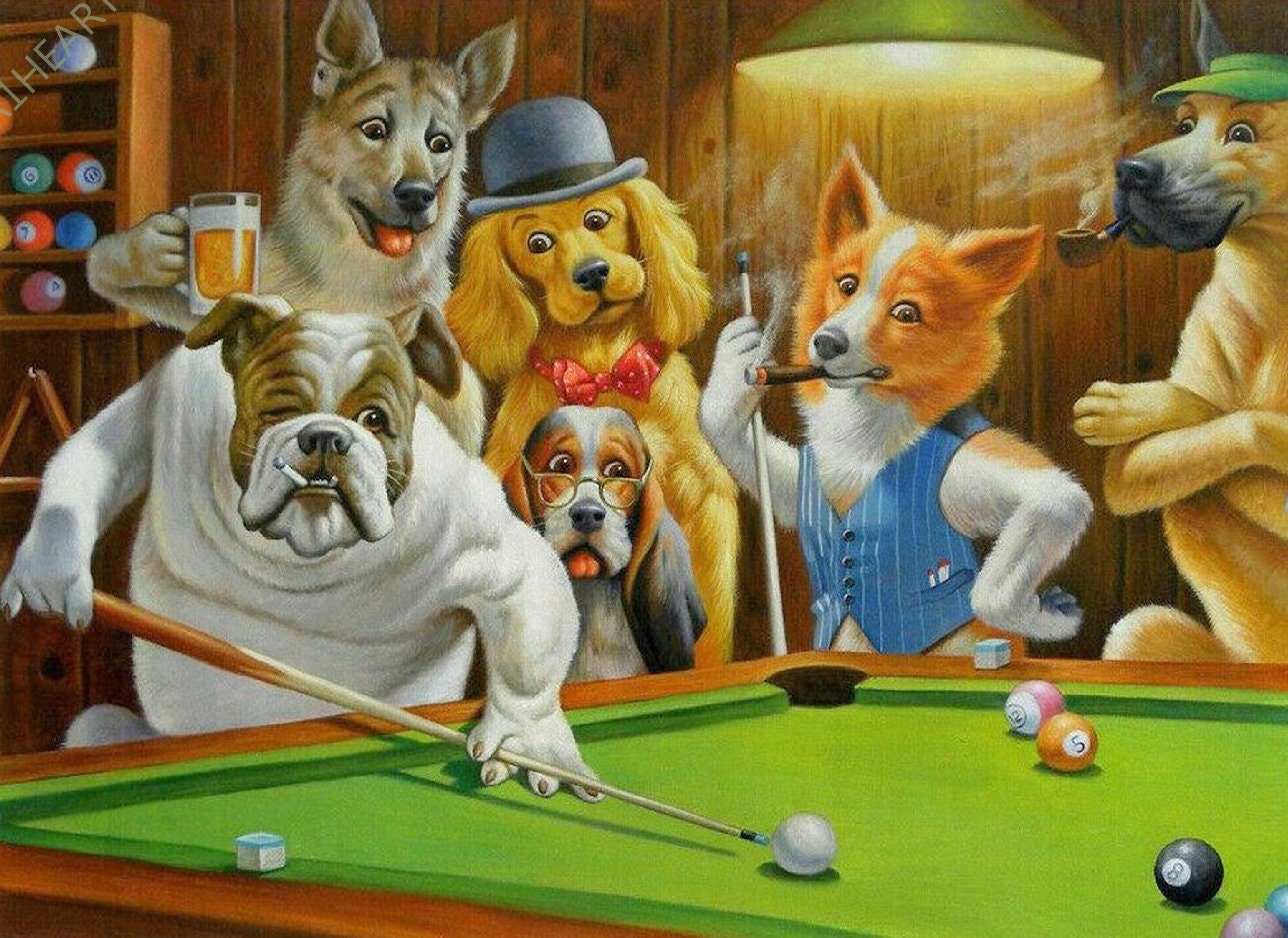 Dogs Playing Pool Snooker Poster Art. Fox With Billiard Cue Hole in One ...