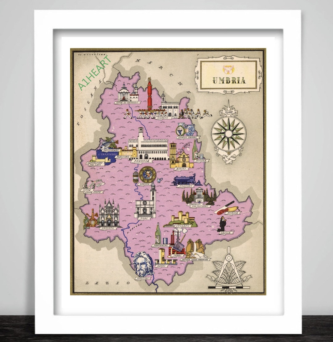 Umbria Italy Map 1939 by De Agostini, Giovanni Poster Print. Retro ...