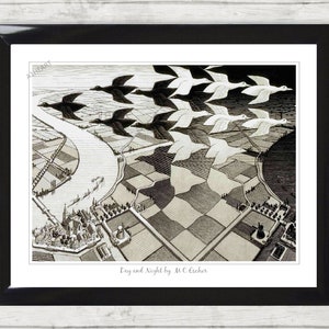 Day and Night by M.C. Escher Poster Print. Birds Over Village and River ...