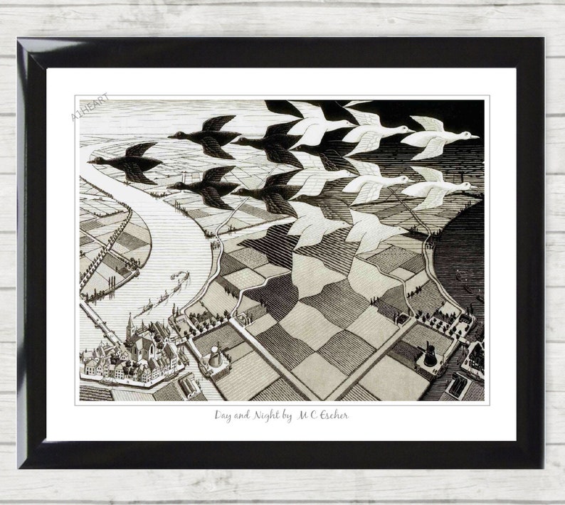 Day and Night by M.C. Escher Poster Print. Birds Over Village and River ...