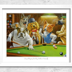Dogs Playing Pool Snooker Poster Art. Fox With Billiard Cue Hole in One ...
