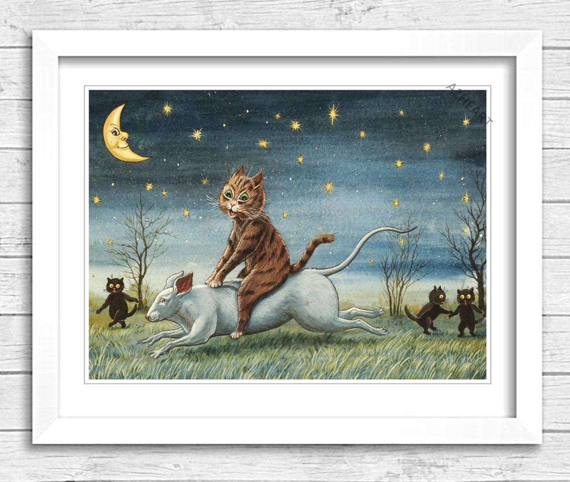 Cat Riding on a Mouse by Louis Wain Poster Print. Cat Lover Gift Feline ...