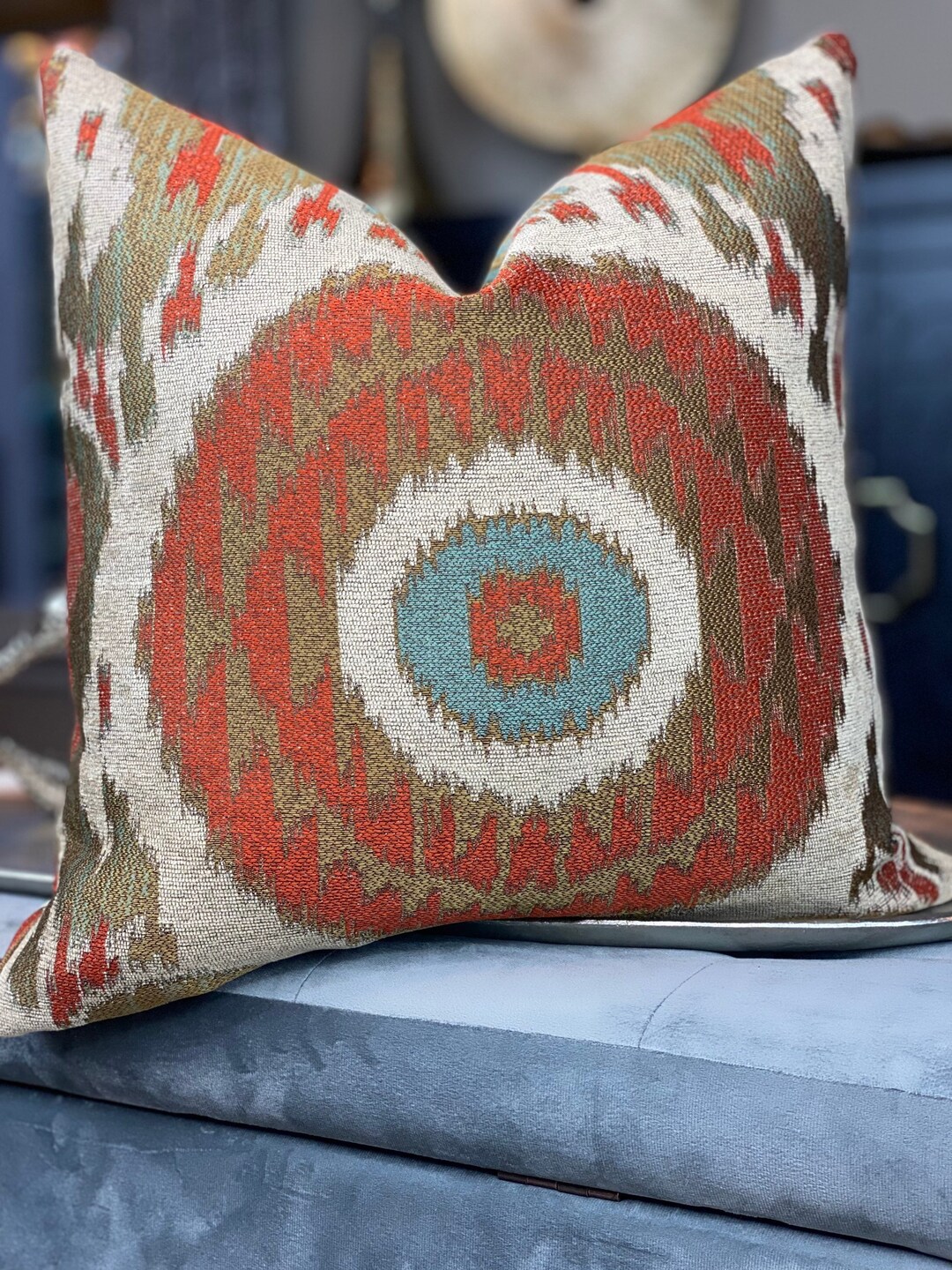 Bullseye Medallion Throw Pillow Cover: Rust & Aqua Home Decor - Etsy