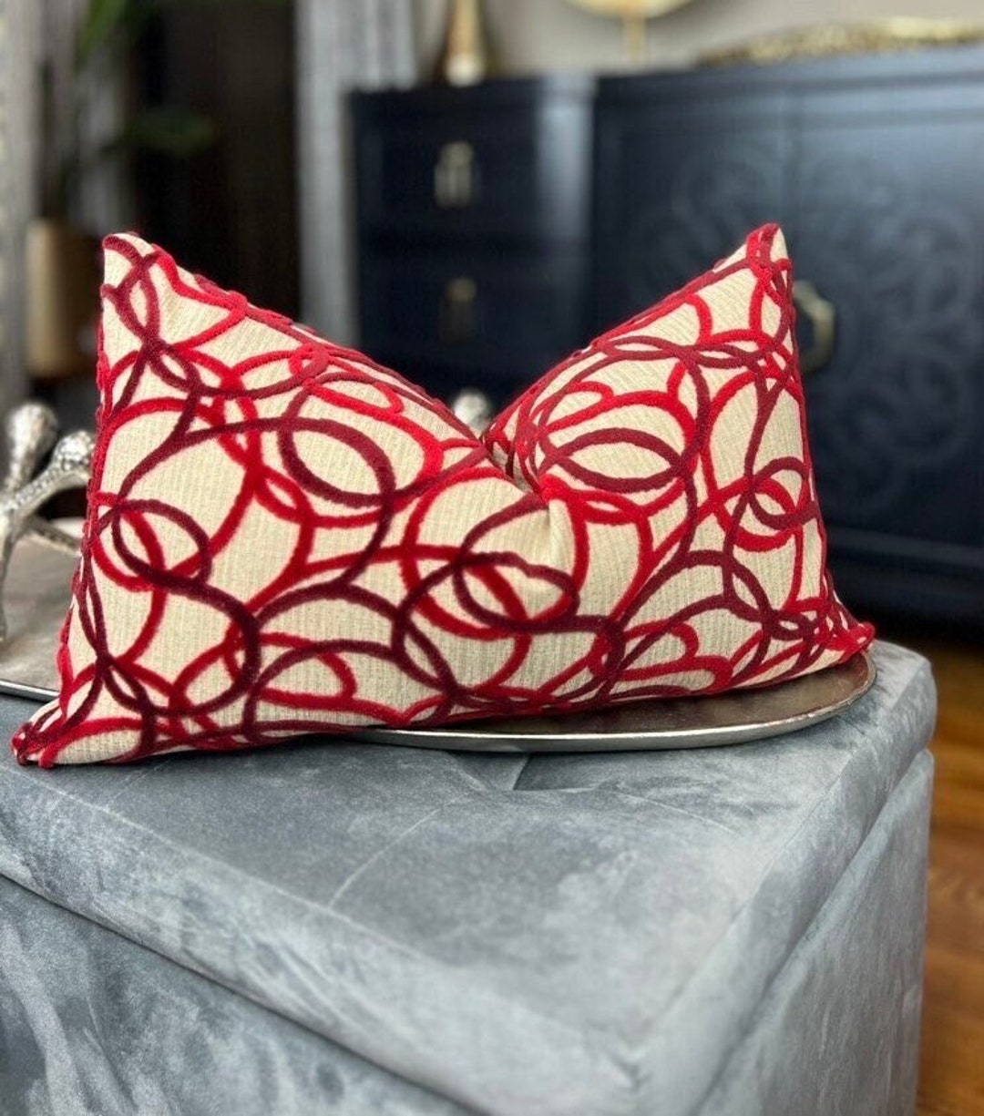 Red Cut Velvet Pillow Cover, Housewares Decor, Home Decor, Red Lumbar ...