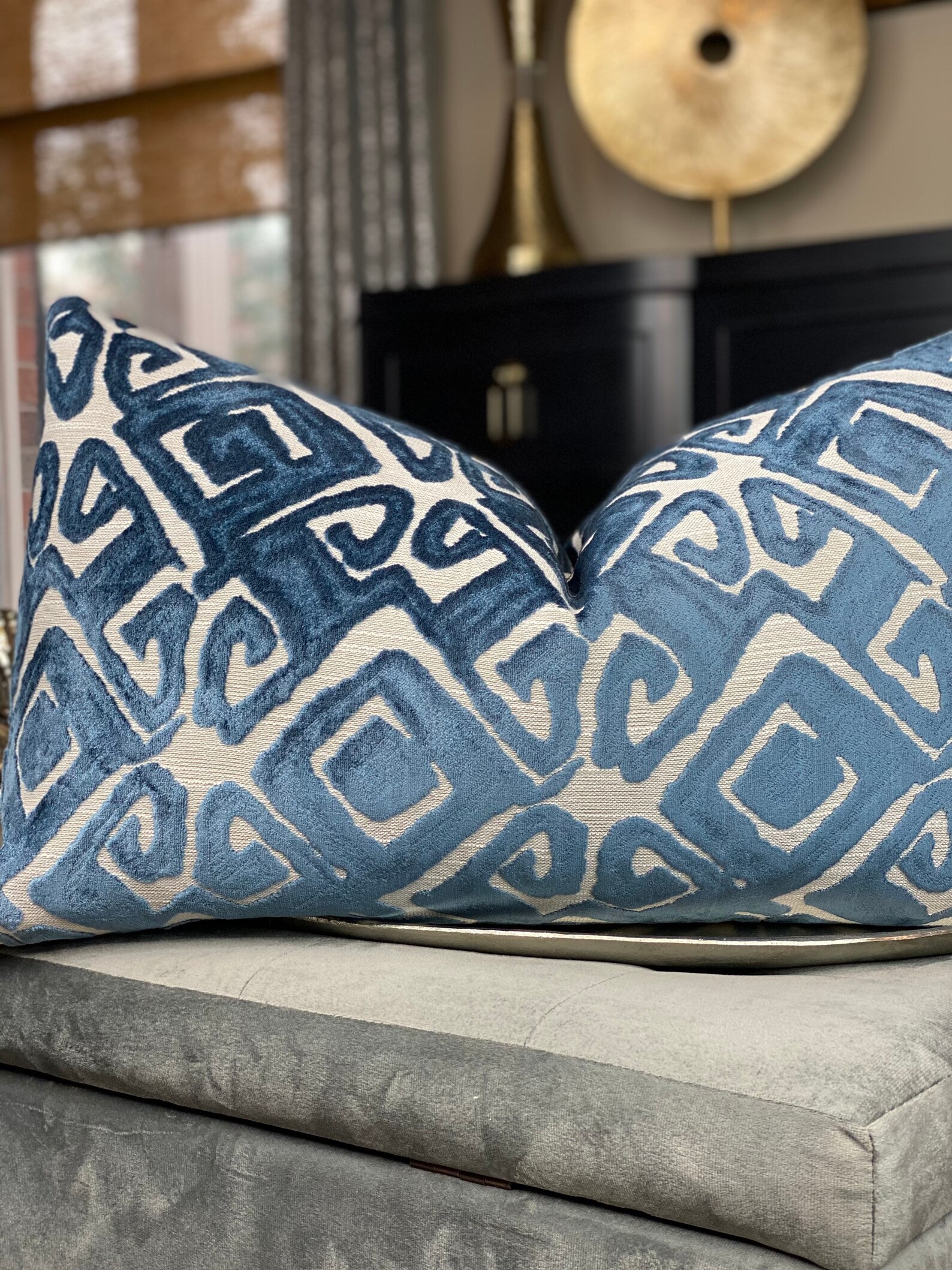 Blue Abstract Tribal Velvet Throw Pillow Cover, Geometric Pillow Cover ...