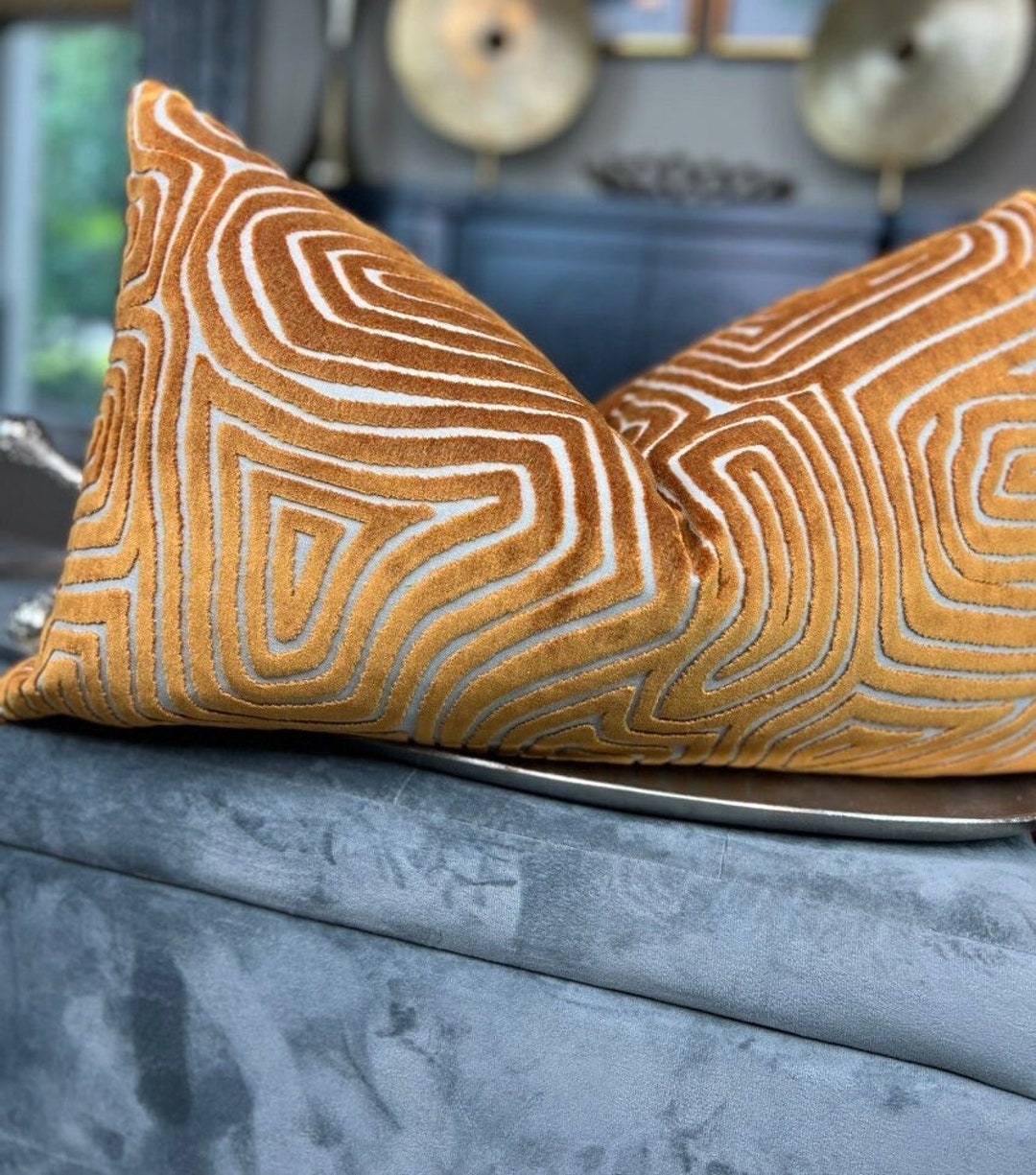 Maze Bronze Cut Velvet Throw Pillow Cover, Geometric Pillow Cover ...