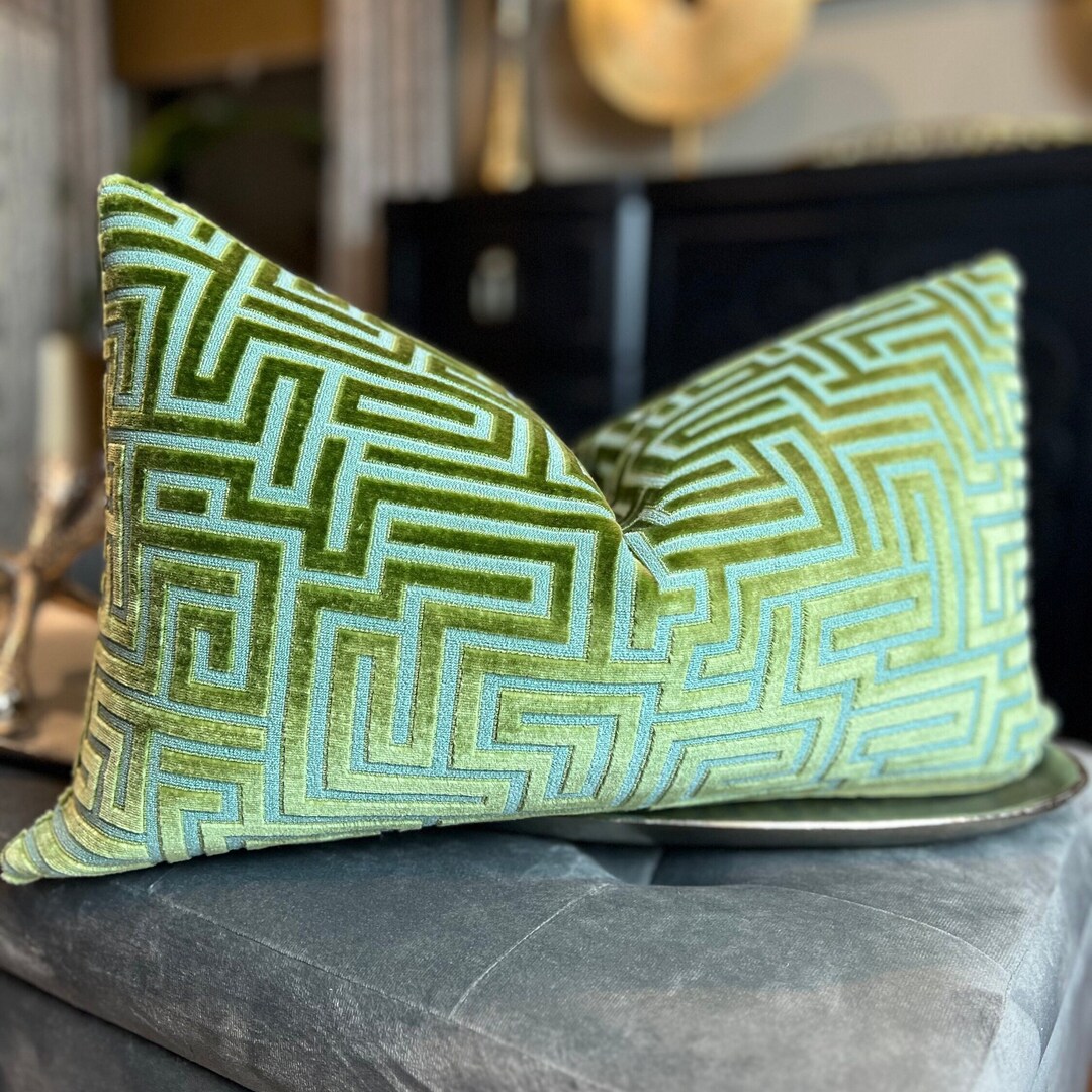 Agave Greek Key Velvet Green Throw Pillow Cover, Decorative Velvet ...
