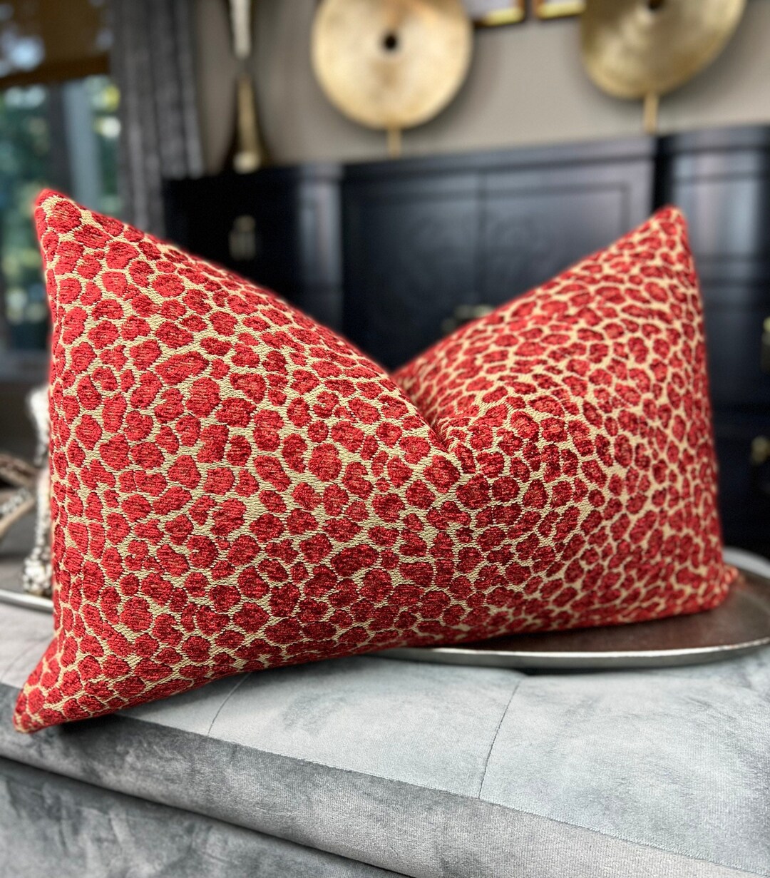 Shades of Red Chenille Animal Print Throw Pillow Cover, Cheetah Pillows ...