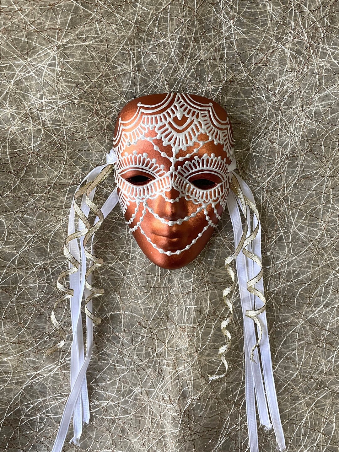 Hand Painted Copper and White Ceramic Mask With Ribbon, One of a Kind ...