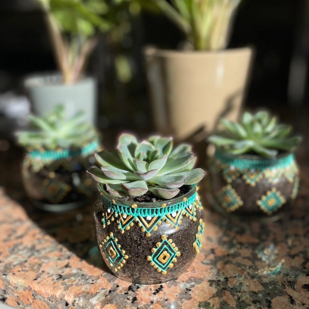 Glass Plant Pots, Hand Painted Jars, Hand Painted, One of a Kind, Plant ...