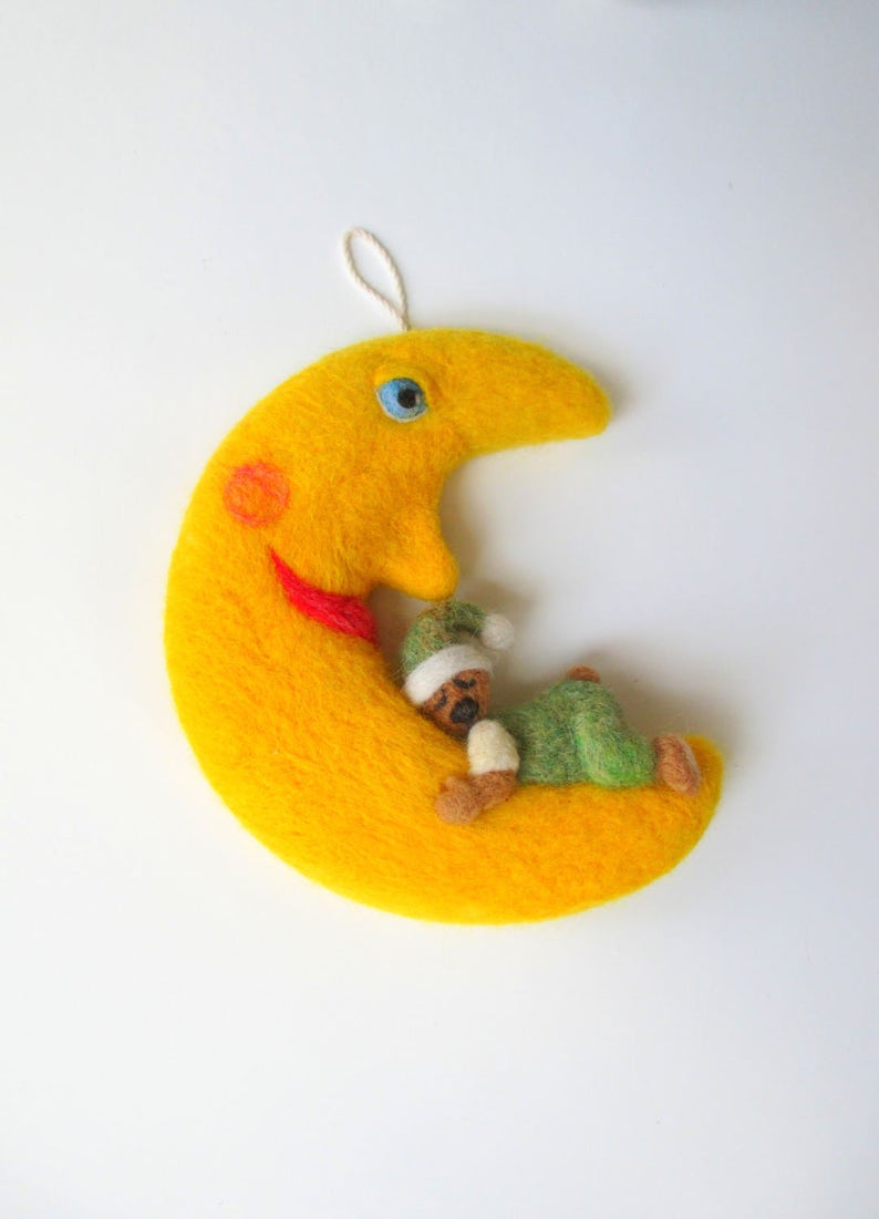 Wall Decor Felted Moon, Baby Wall Decor Moon, Needle Felt Mobile ...