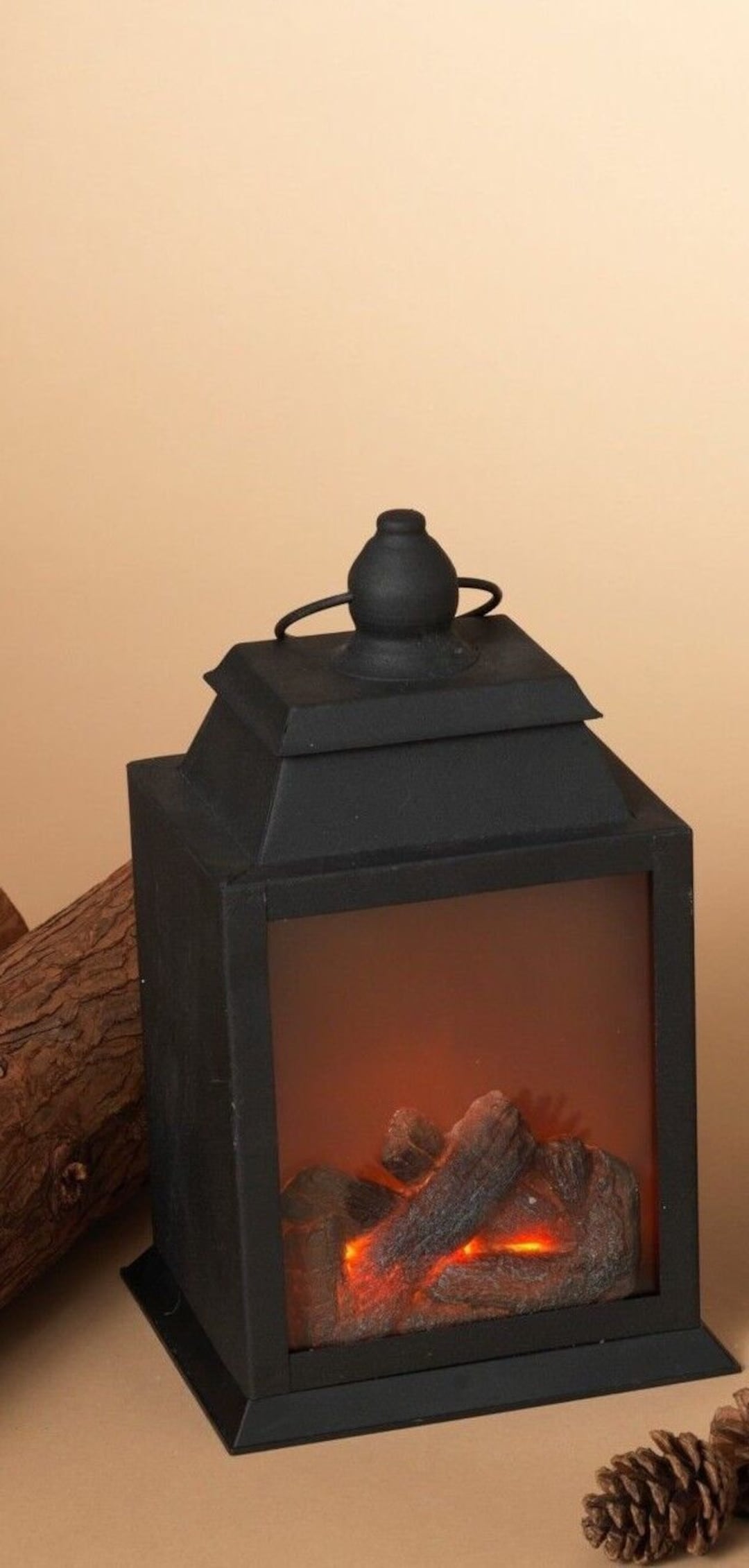 10.25 B/O Lighted Metal Fire Log Lantern W/realistic Flame Xmas Decor ...