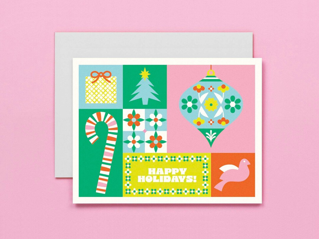 Holiday Block Happy Holidays Card • Colorful Illustrated Colorblock ...