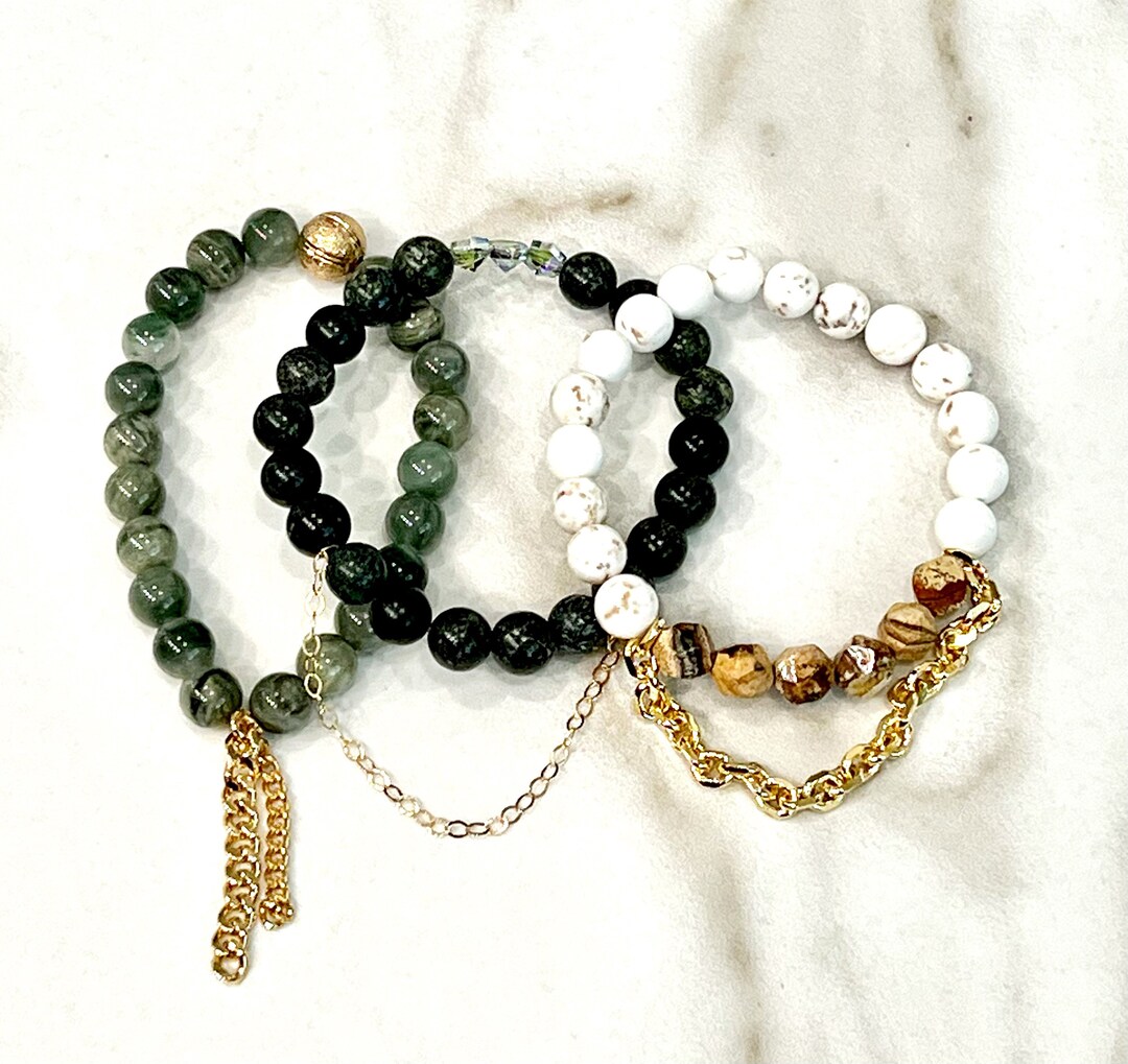 Beaded Stackable Stretch Bracelets in Shades of Green With Brass ...