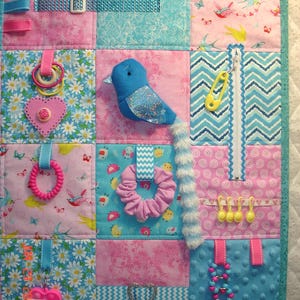 Pink/blue Bluebird of Happiness Fidget Activity Tactile Sensory Blanket ...