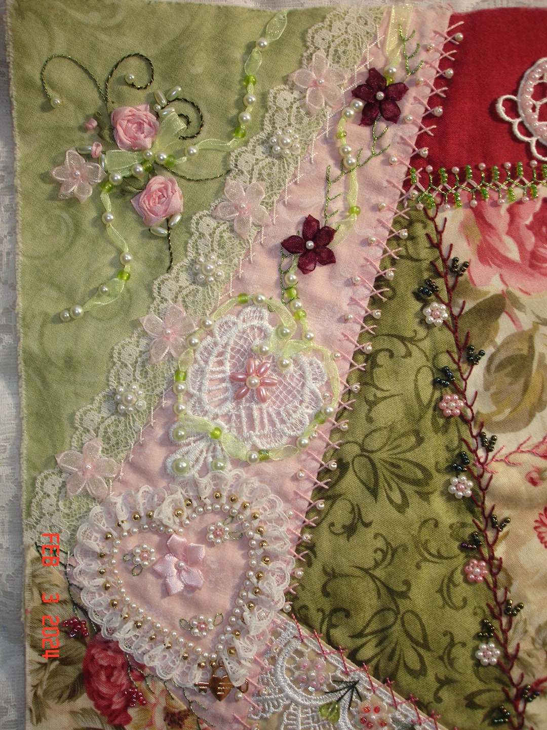 Victorian, Hand Embroidered, Embellished Beaded Hearts Crazy Quilting ...