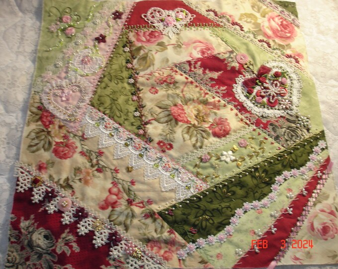 Victorian, Hand Embroidered, Embellished Beaded Hearts Crazy Quilting ...