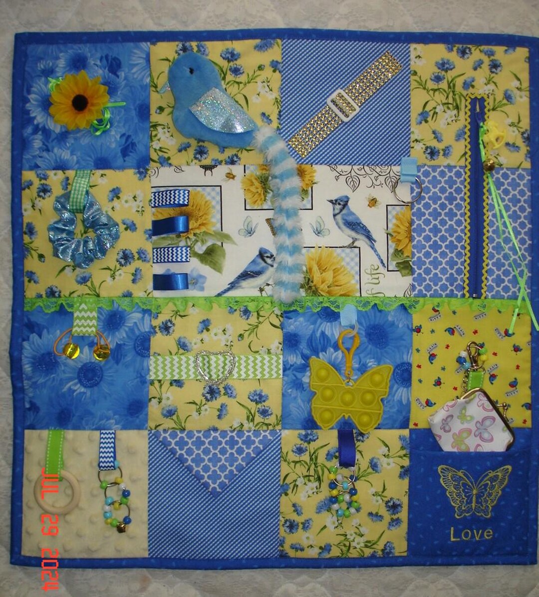 Blue/yellow Bluebird of Happiness Fidget Activity Tactile Sensory Quilt ...