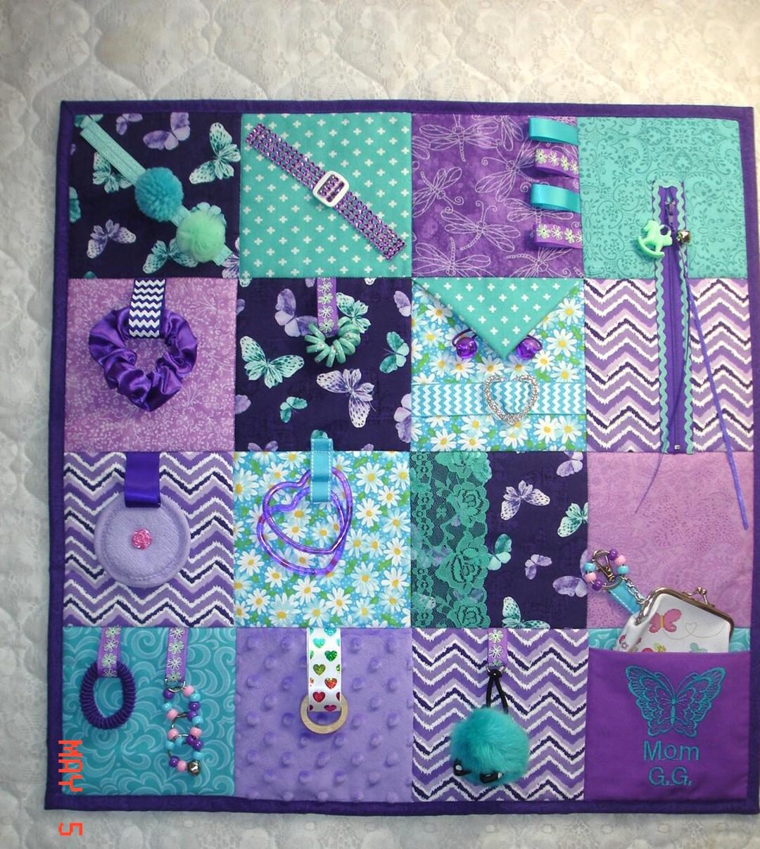 Purple and Teal Butterfly Fidget Activity Tactile Sensory Quilt Blanket ...