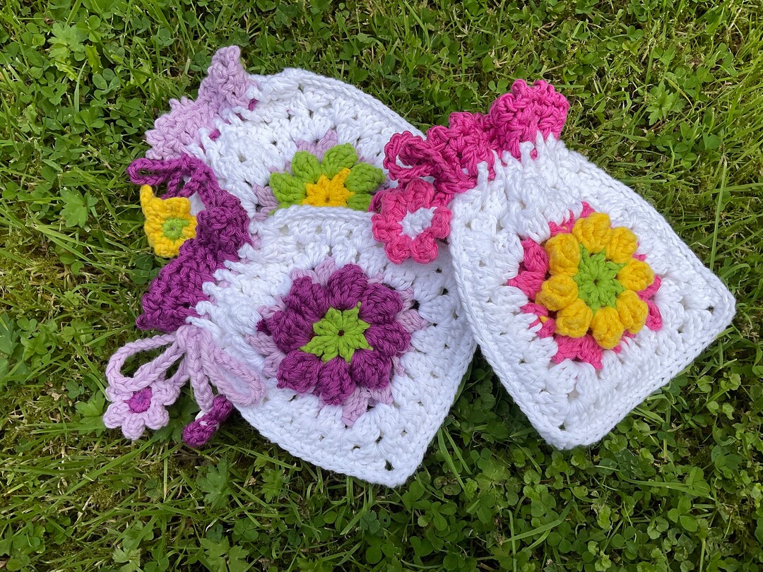 Crochet Drawstring Bag Pattern - Flower Purse - Cotton Pouch - Summer ...