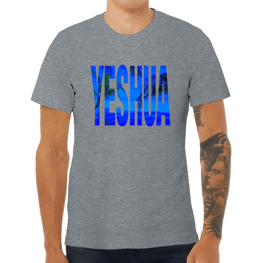 YESHUA jesus in Hebrew Bold Blue Beach Scene Front Graphic Unisex ...