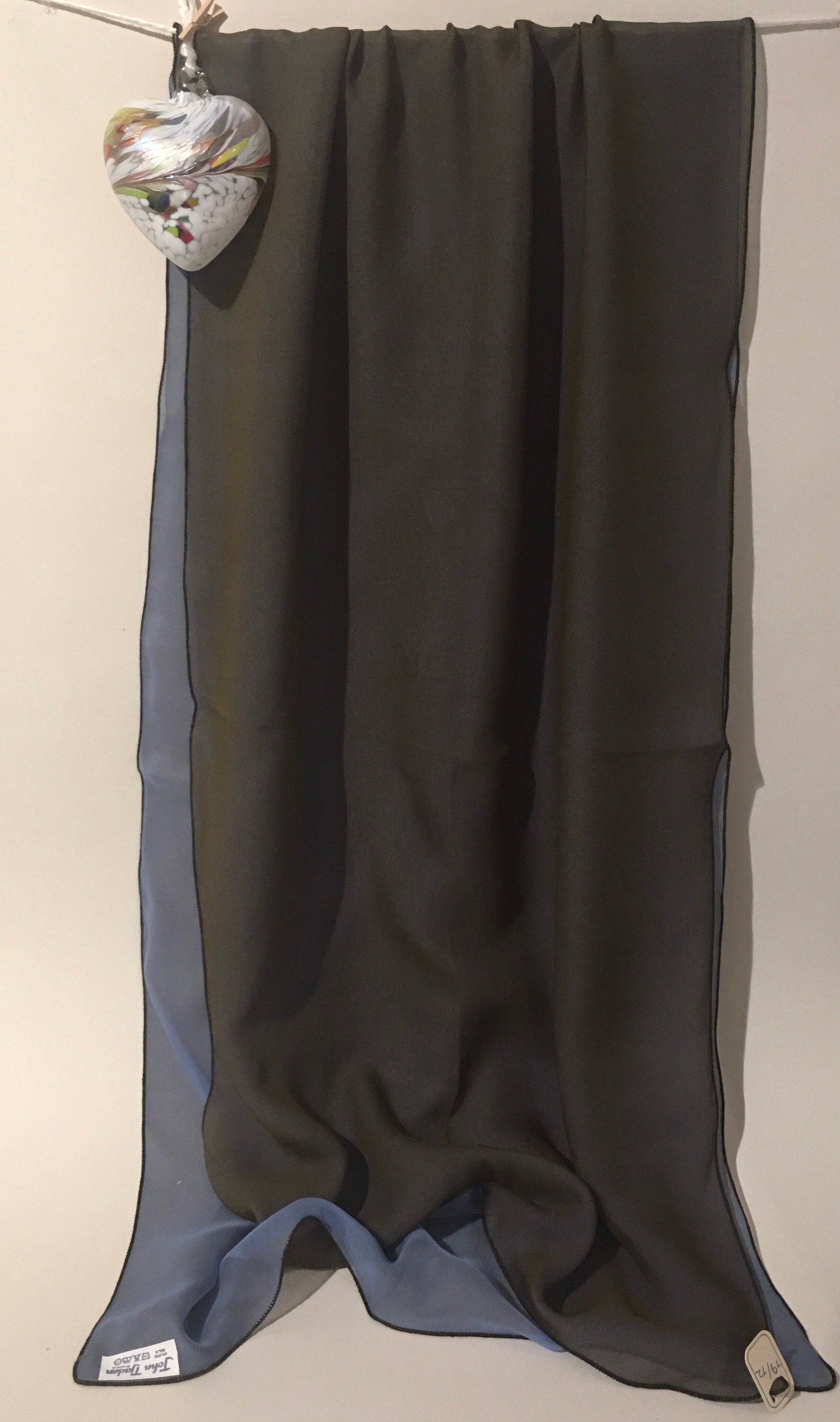 MID BLUE and BROWN Long 100% Silk Chiffon Scarf by John Tjaden - Double ...