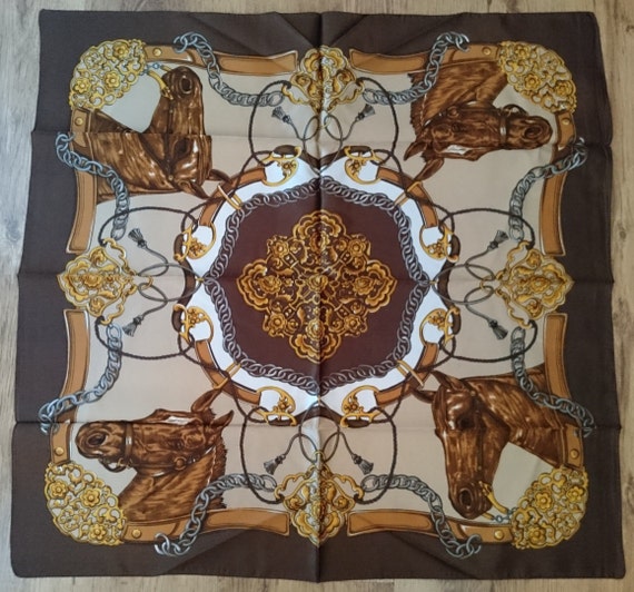 Vintage Italian Large Square Scarf Brown Gold and White - Etsy