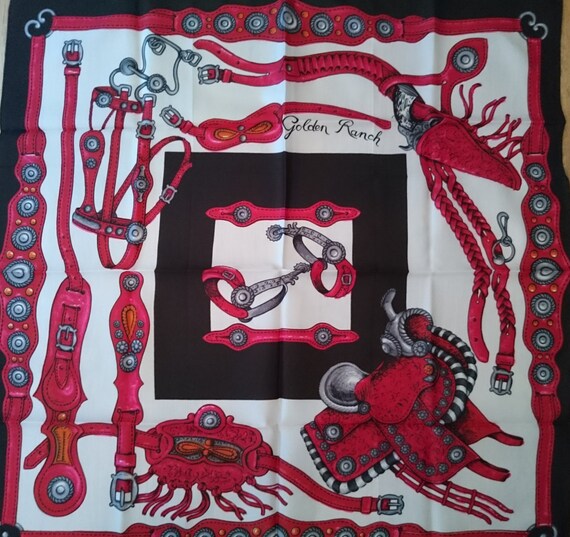 Vintage French Scarf Red Black and White Equestrian Design | Etsy