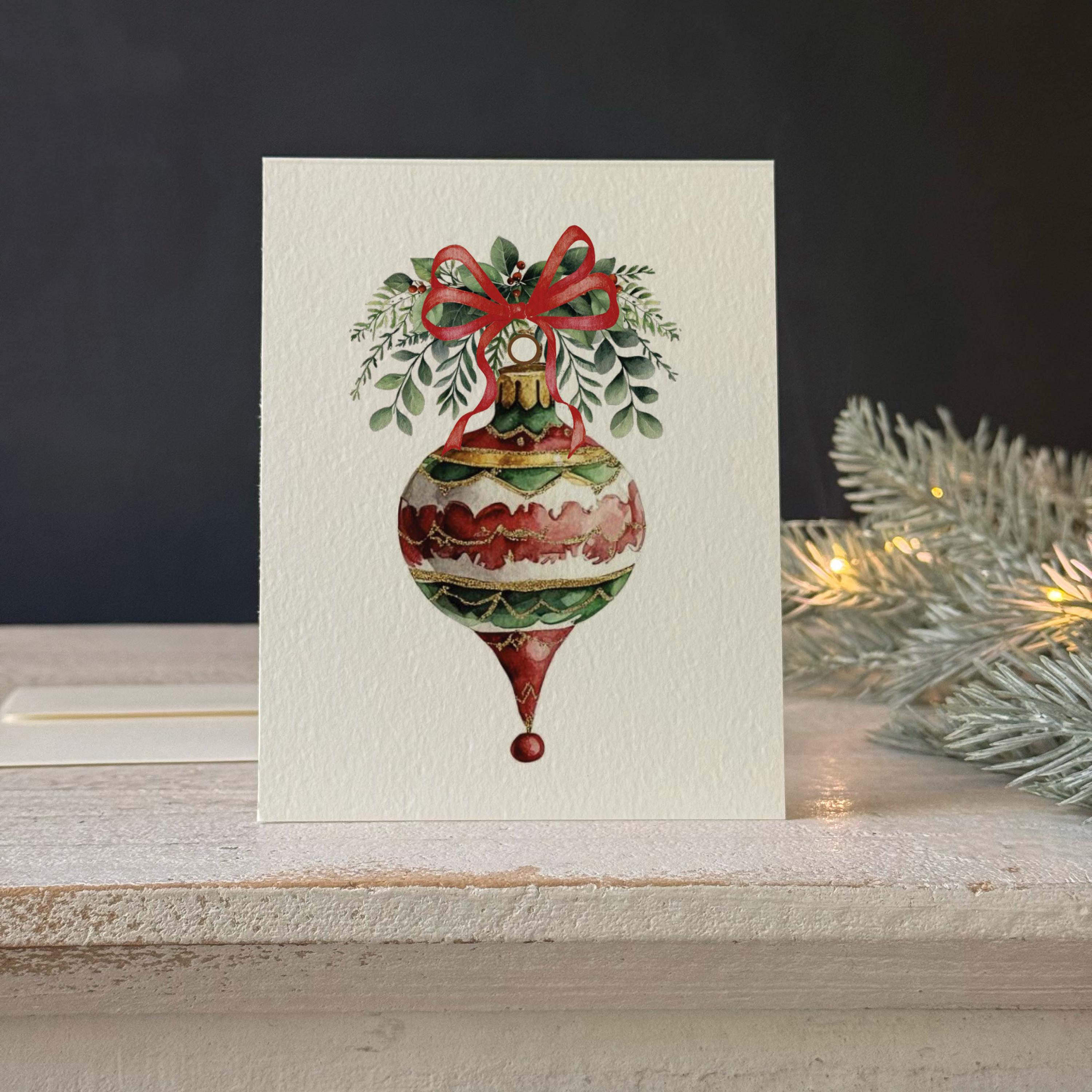 Set of 8 Holiday Ornament Christmas Cards, Optional Saying & Signature ...