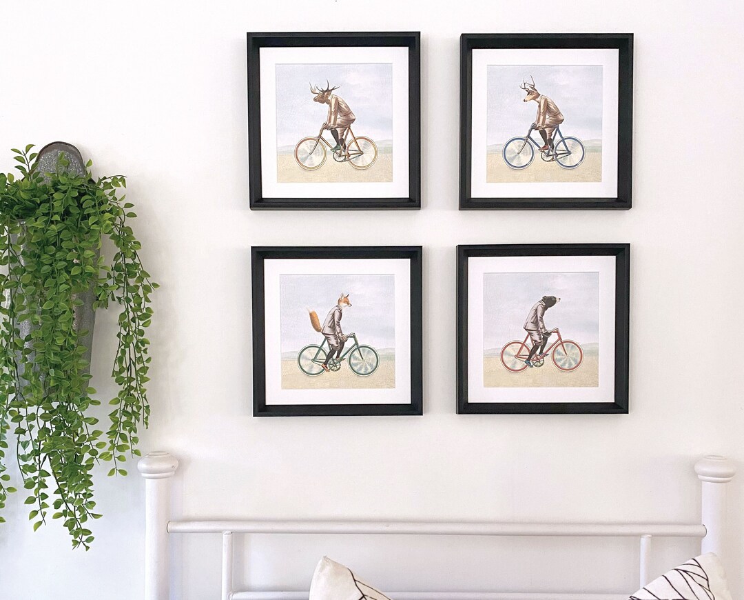 WOODLAND NURSERY DECOR, 4 Pc Set, Boy's Room Art, Bicycle Woodland ...
