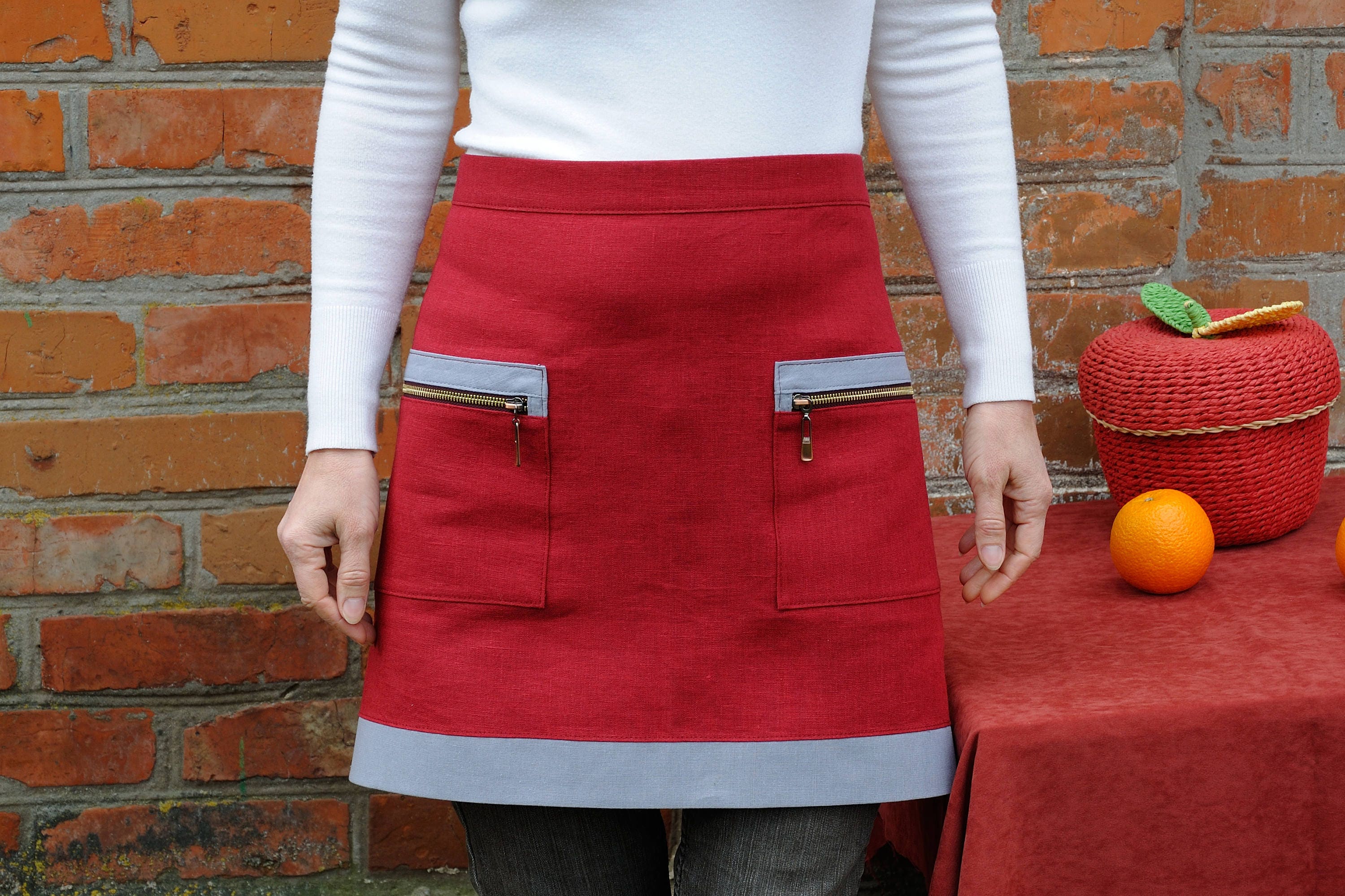 Half Apron Linen Cafe Apron Natural Linen Apron Baking Apron Red ...