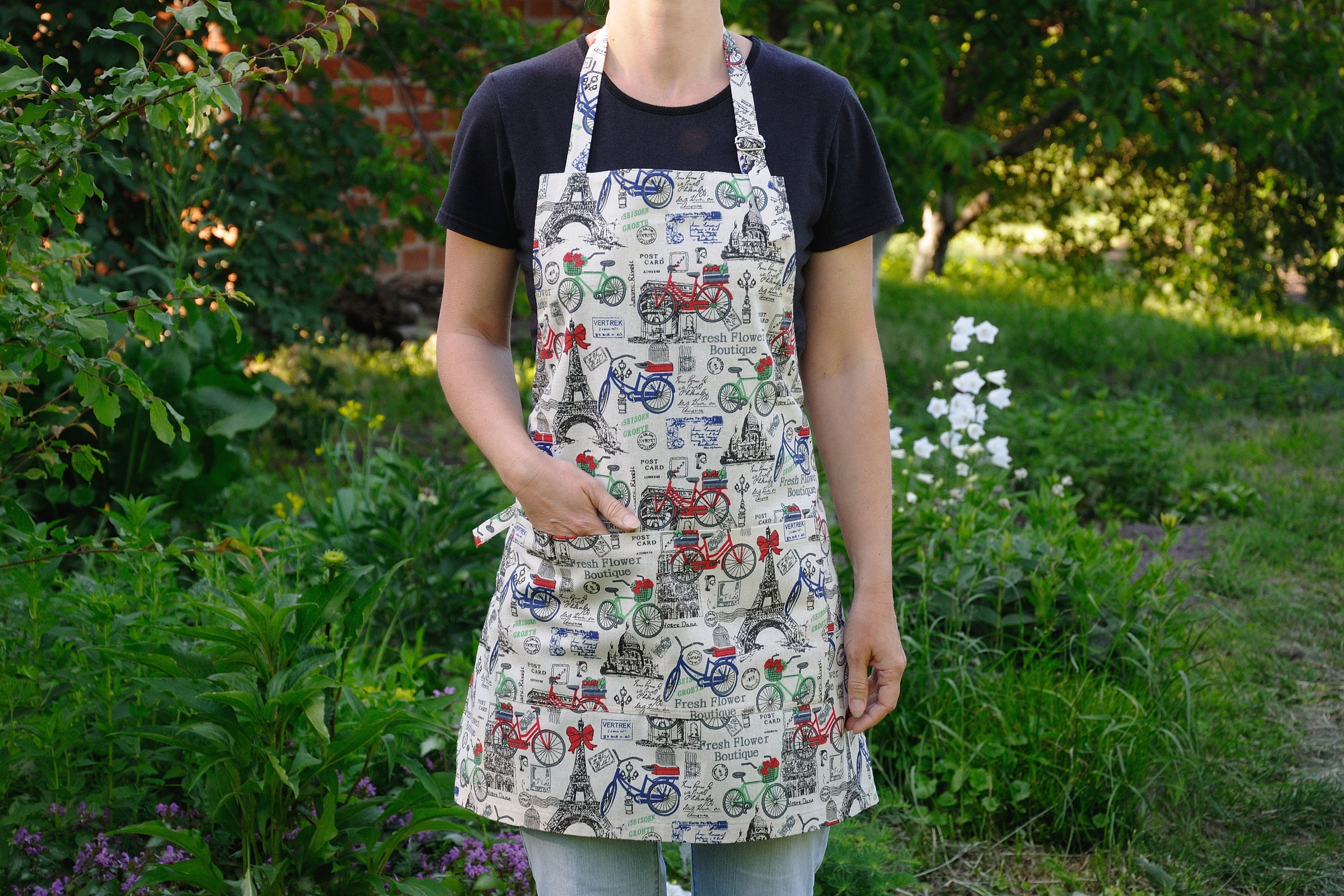 Apron With Pockets Linen Cotton Apron Paris Fabric Apron Cute Apron ...