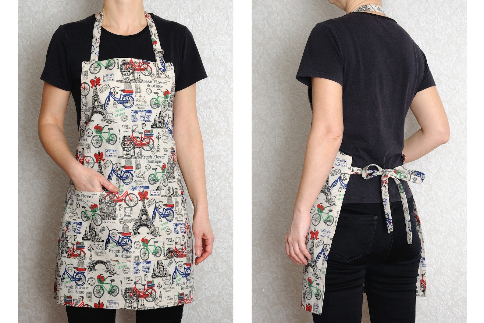 Apron With Pockets Linen Cotton Apron Paris Fabric Apron Cute Apron ...