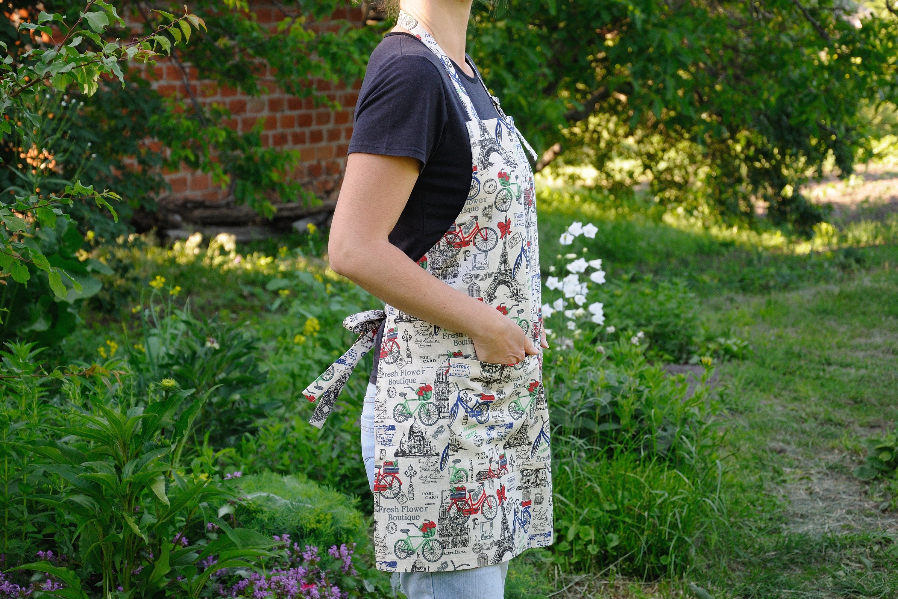 Apron With Pockets Linen Cotton Apron Paris Fabric Apron Cute Apron ...