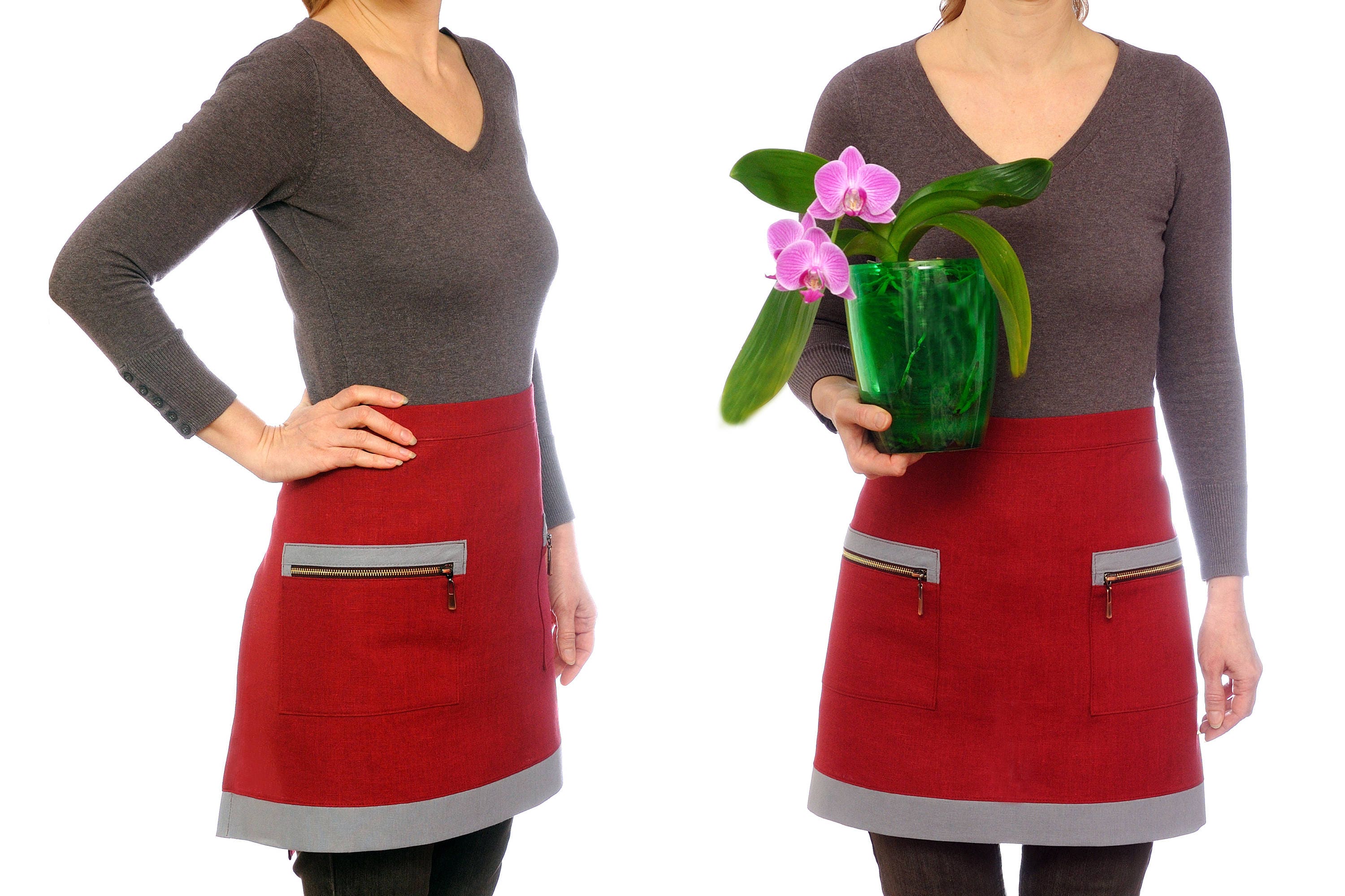 Half Apron Linen Cafe Apron Natural Linen Apron Baking Apron Red ...