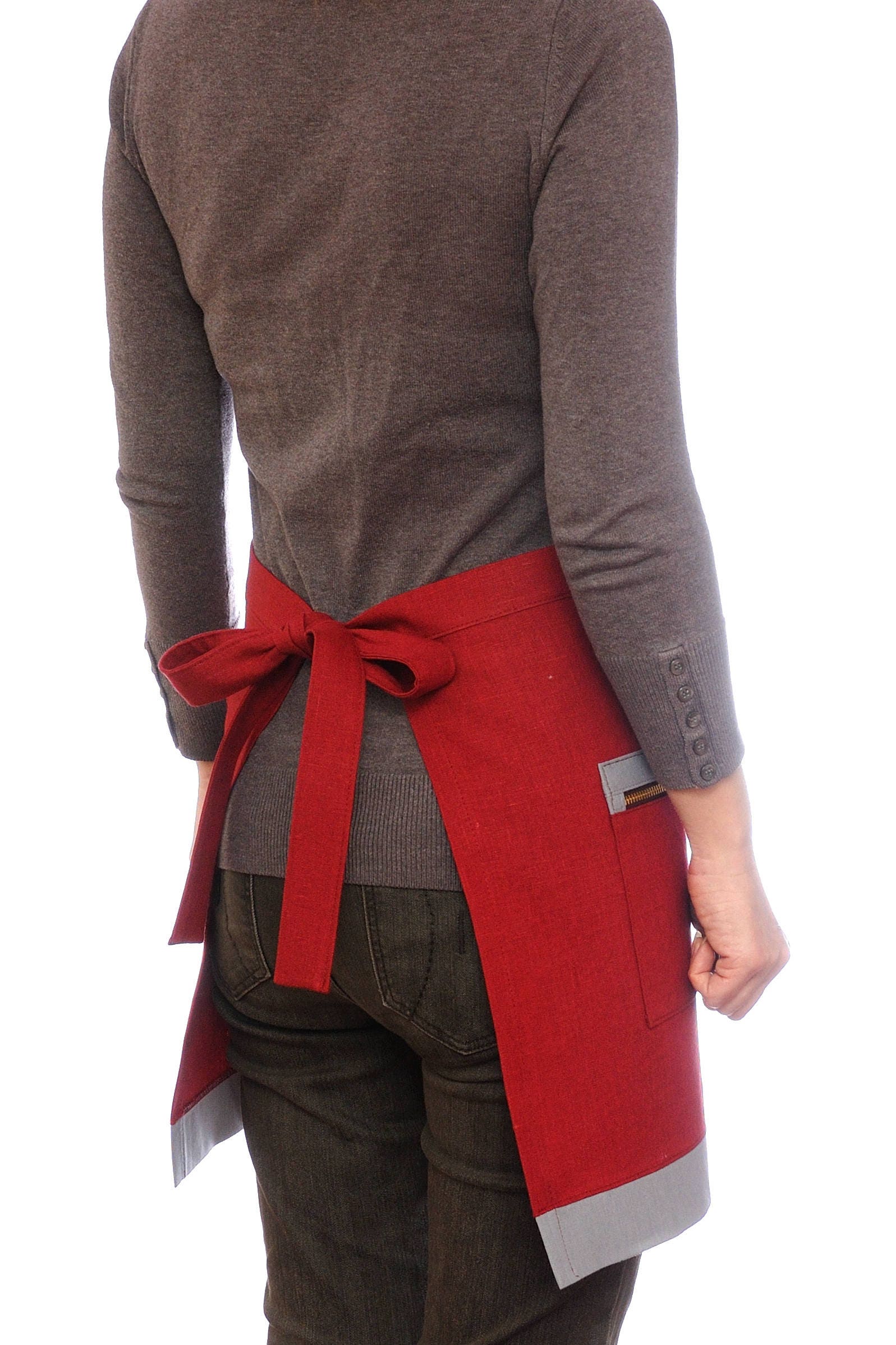 Half Apron Linen Cafe Apron Natural Linen Apron Baking Apron Red ...