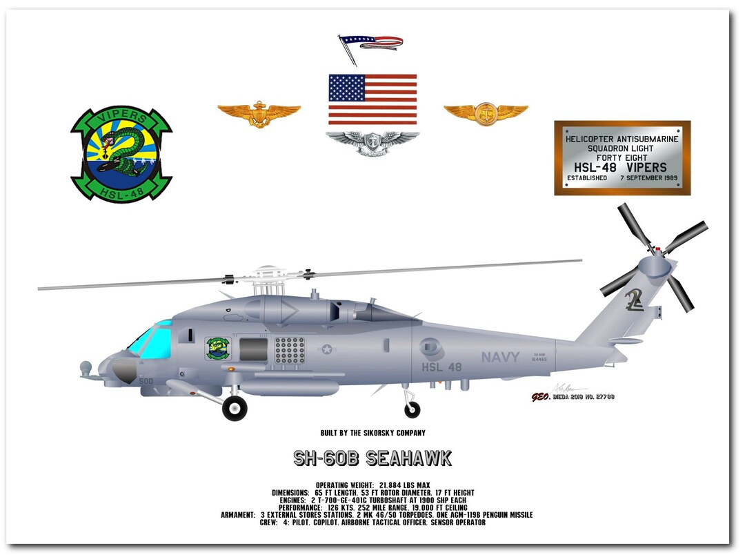 SH-60B Seahawk Print, US Navy Helicopter, HSL-48 Vipers, From Early ...