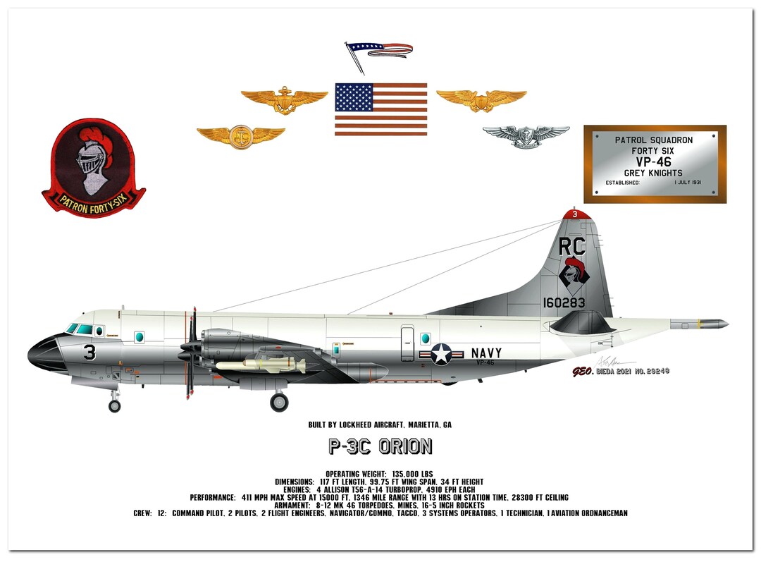 VP-46 Grey Knights P-3C Orion Profile Art Print – US Navy Patrol ...