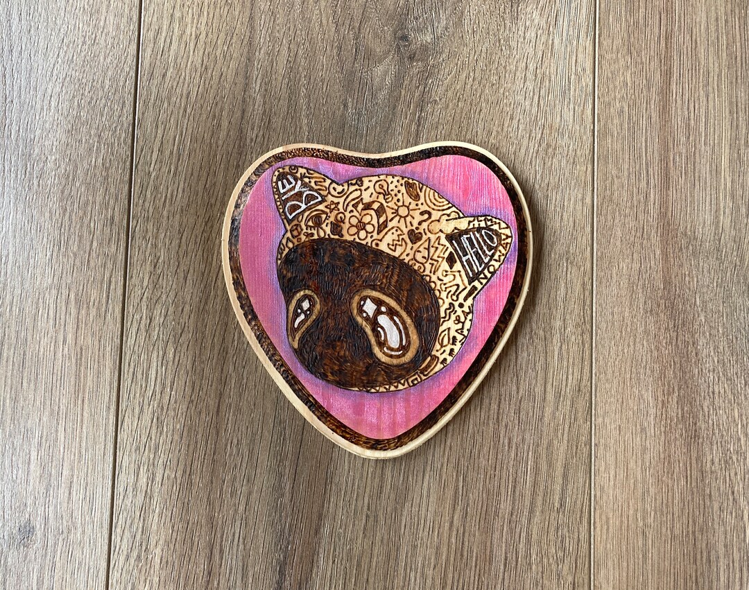 Graffiti Cat Pyrography, Creepy Cute Glittery Art Piece, Burned Wooden ...