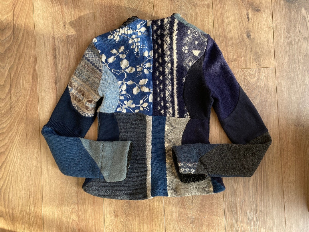 Patchwork Blue Wool Coat Women Wool Zip Sweater Eclectic Clothes Funky ...
